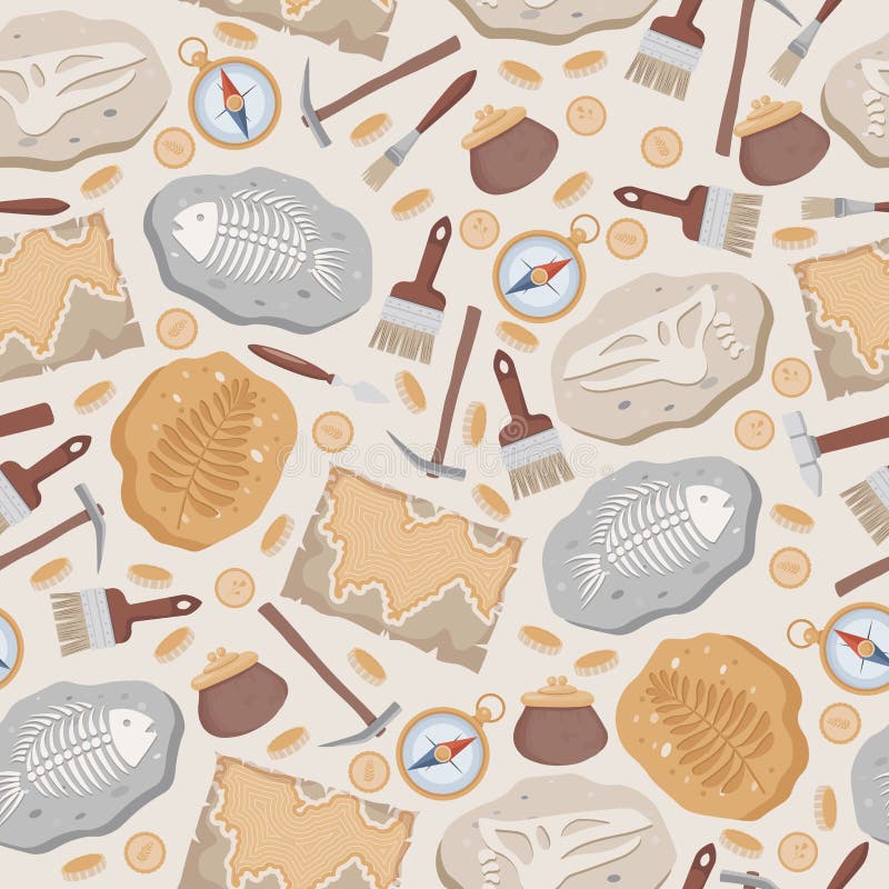 Fossil Fish and Dinosaurs Skeletons, Maps, Compass, Coins, Brushes, and ...