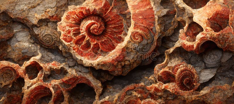 Fossilized Ammonite Sea Shell Spirals Embedded into Rustic Brown Red ...