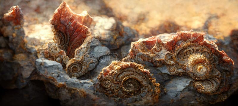 Fossilized Ammonite Sea Shell Spirals Embedded into Rustic Brown Red ...