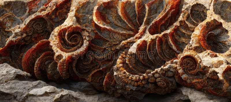 Fossilized Ammonite Sea Shell Spirals Embedded into Rustic Brown Red ...