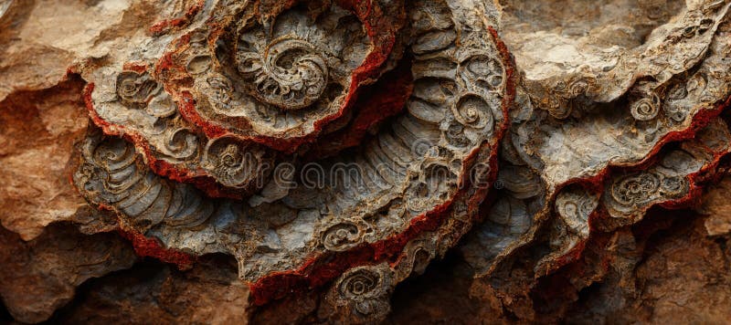 Fossilized Ammonite Sea Shell Spirals Embedded into Rustic Brown Red ...