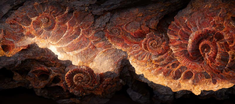 Fossilized Ammonite Sea Shell Spirals Embedded into Rustic Brown Red ...