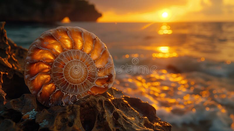 Fossilized Ammonite Shell on Rocky Beach at Sunset Stock Photo - Image ...