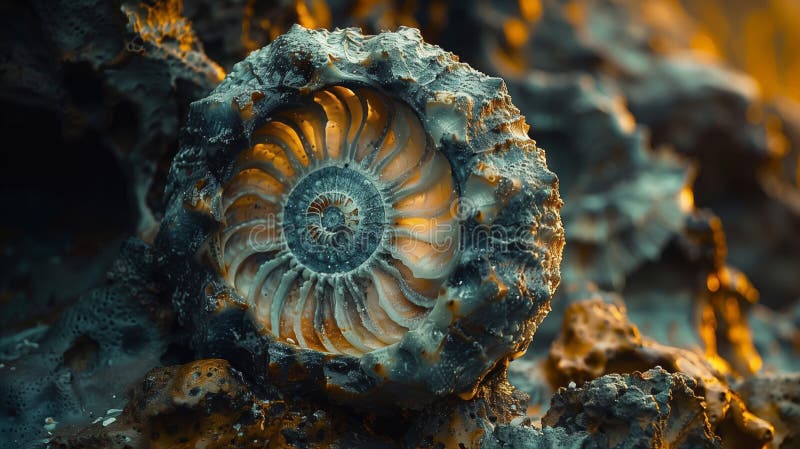 Fossilized Ammonite Shell in Sunlight Stock Image - Image of spiral ...