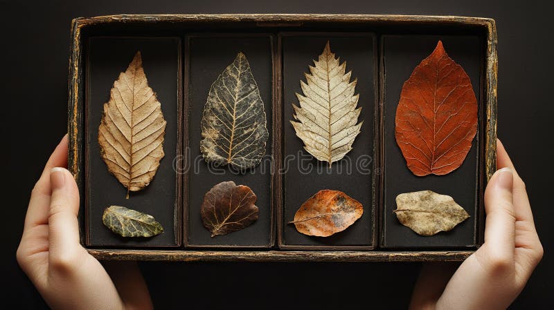 Fossilized Leaf Collection in Vintage Specimen Box. Stock Photo - Image ...