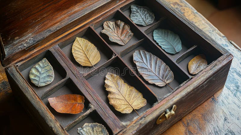 Fossilized Leaf Collection in Vintage Specimen Box. Stock Image - Image ...