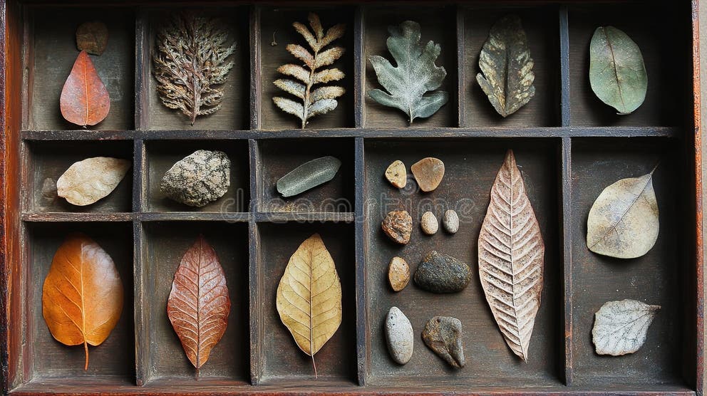 Fossilized Leaf Collection in Vintage Specimen Box. Stock Image - Image ...