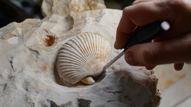 Fossilized Shell Embedded in Limestone Rock Being Carefully Cleaned Stock Illustration ...