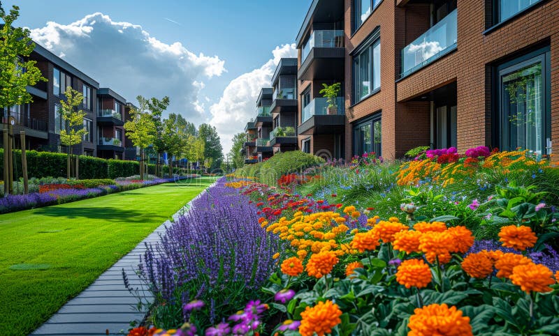 Foto De Modern Residential Complex with Outdoor Flowers and Walking ...