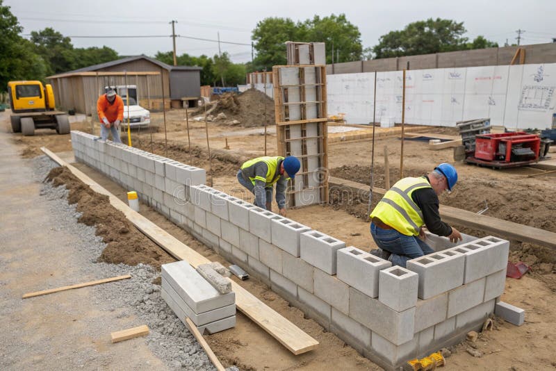Foundation Installation with Cement Blocks at Construction Site Stock ...