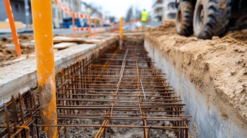 Foundation Pit at Construction Site with Rusty Rebar Grids and Concrete ...