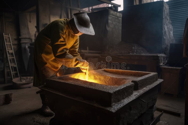 Foundry Worker, Casting Steel Ingot into Mold Stock Illustration - Illustration of factory ...