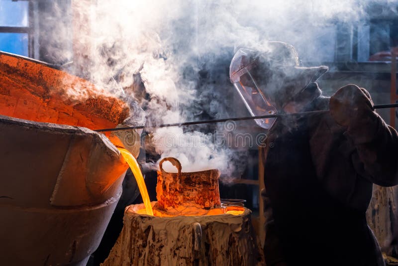 Foundry Worker Old Blacksmith in Protective Clothing Forming Steel from ...