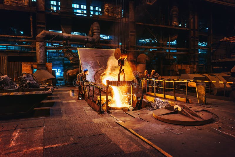 Foundry Workshop Interior, Molten Iron Pouring from Blast Furnace into ...