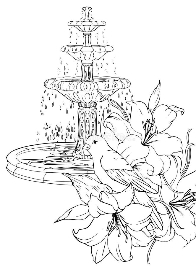 Fountain Bird Flowers. Drawing in Black and White Stock Vector ...