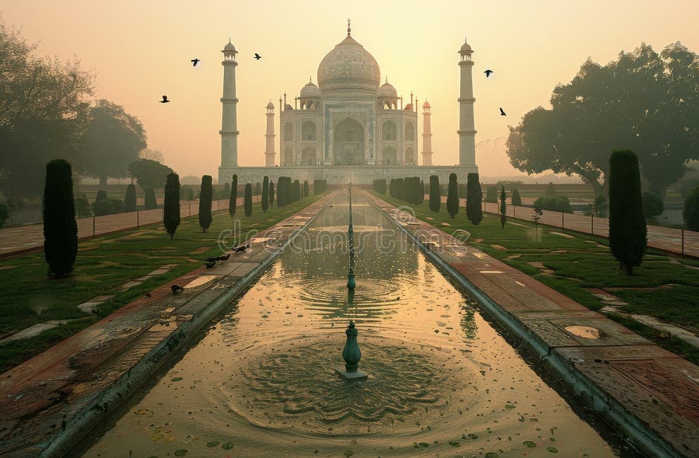 Fountain with Birds Flying in Front of Building Stock Photo - Image of ...