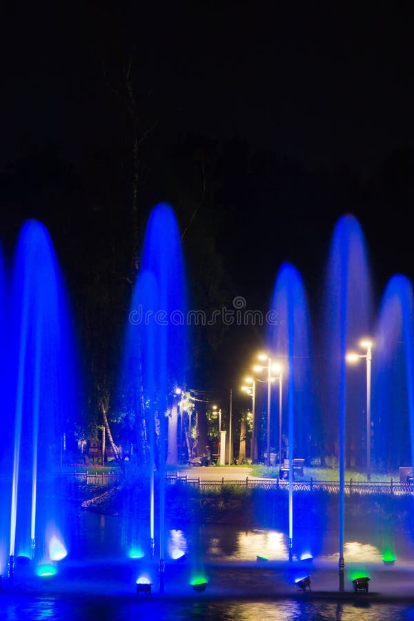 Fountain with Blue Backlight in Park Stock Photo - Image of lamp ...