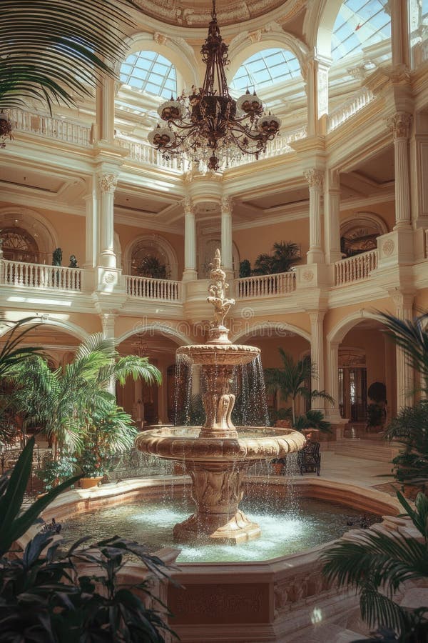 Fountain in Building with Chandelier Stock Image - Image of ...
