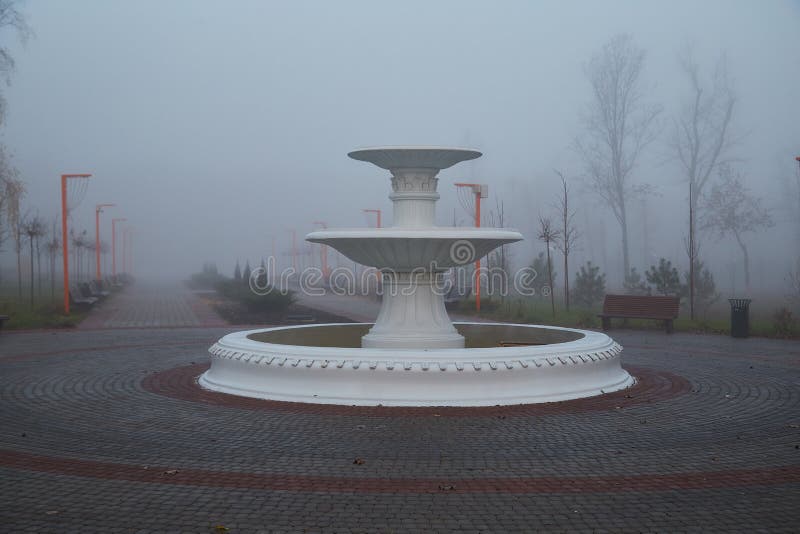 Fountain in the City Park in the Morning Mist in Autumn Stock Photo ...