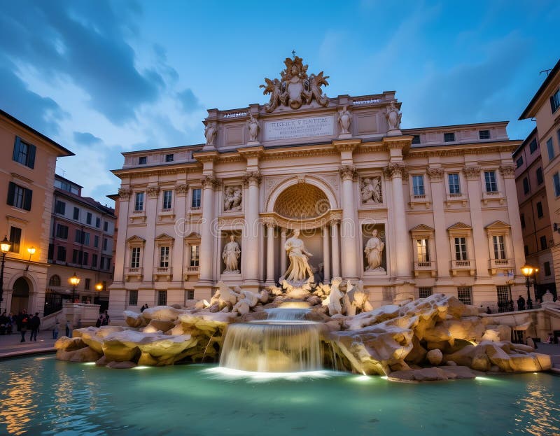 Fountain in City Square at Dusk with Waterfall and Sculpture Stock ...