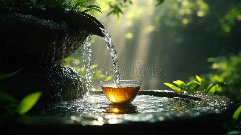 Fountain Flows with Tea-infused Water Surrounded by Floating Tea Leaves ...