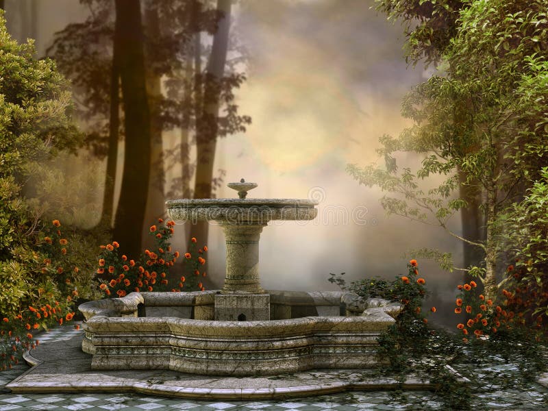 Fountain in the forest stock illustration. Illustration of garden ...