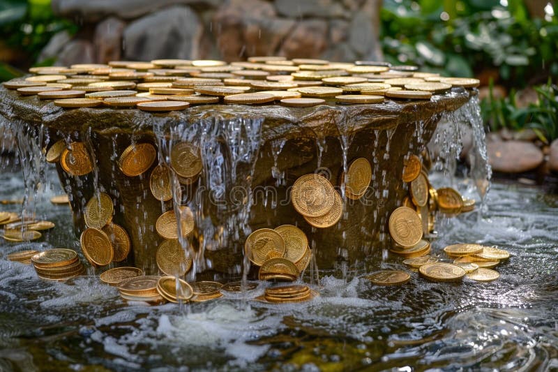 Fountain of Gold Coins Raining in Park Stock Illustration ...