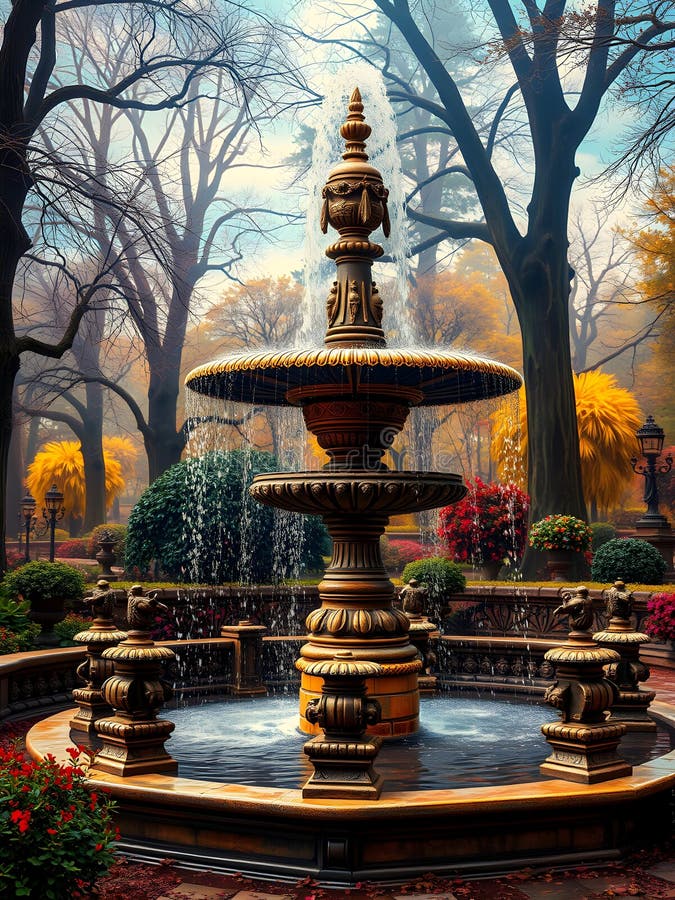 A Fountain with a Gold Top and a Large Stone Base Stock Illustration ...