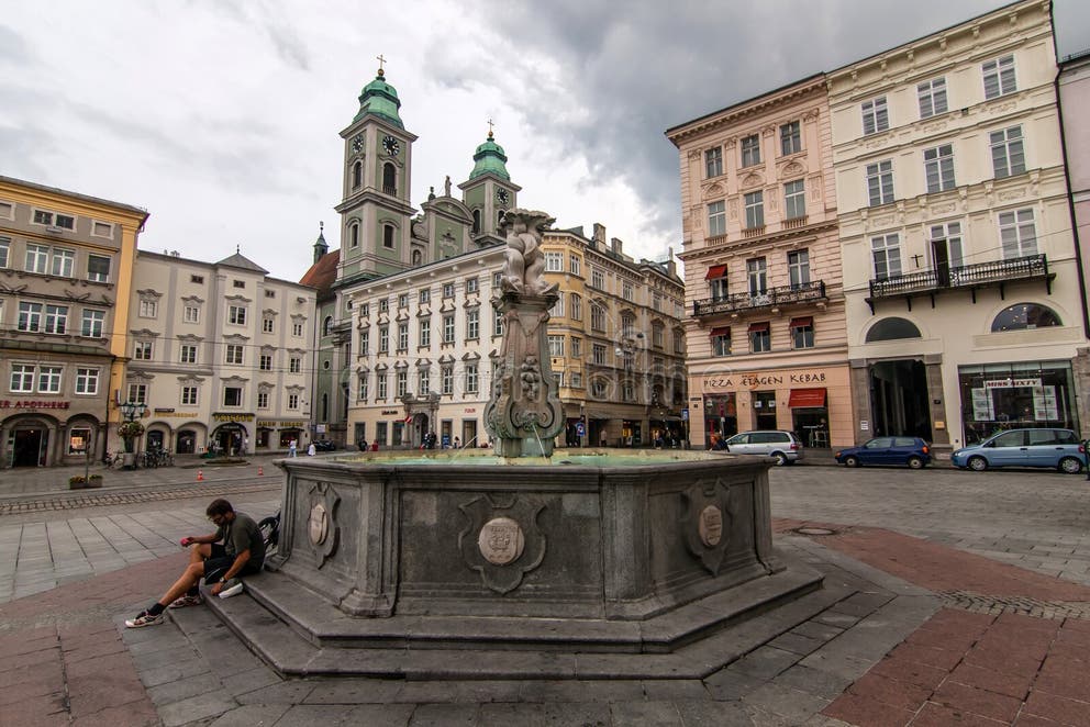 The Fountain in the Main Square Hauptplatz, Linz Editorial Stock Image ...