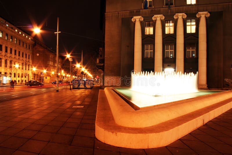 Fountain at night stock photo. Image of building, city - 538476