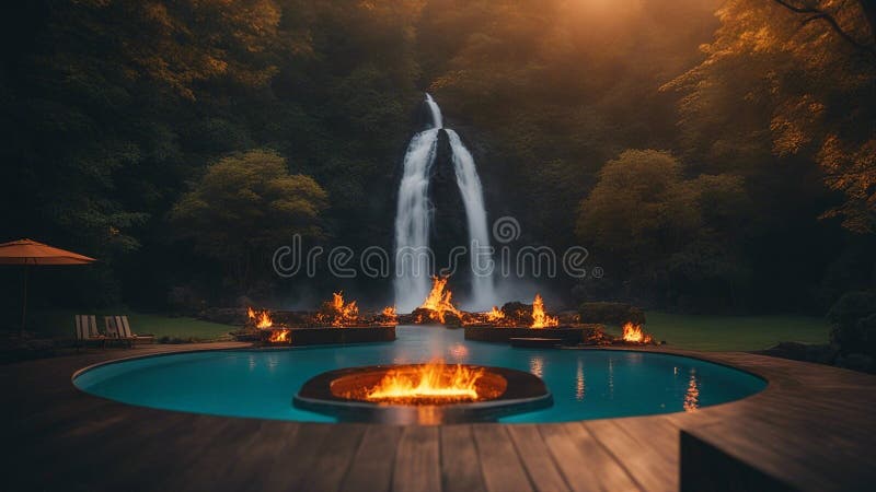 Fountain at Night Horror Swimming Pool with a Waterfall into Fire, with ...