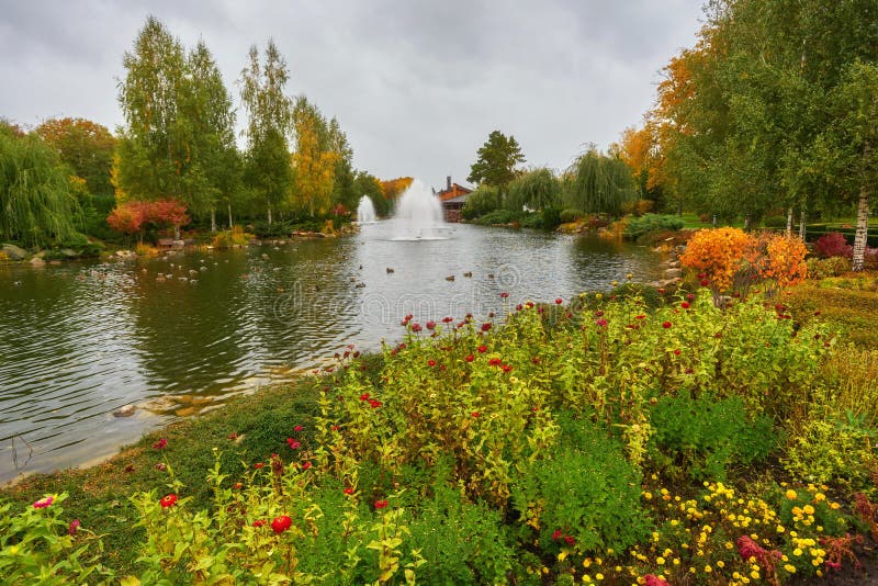 Fountain in an Open Reservoir in a Landscape Park Stock Photo - Image ...