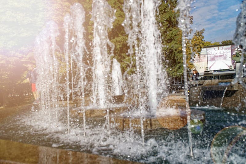 Fountain in Park with Splash Water Stream Stock Photo - Image of ...