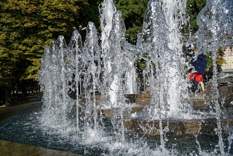 Fountain in Park with Splash Water Stream Stock Image - Image of poland ...