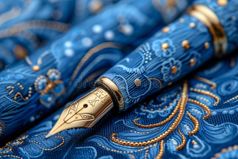 A Fountain Pen Lies on Top of a Blue Cloth, Creating a Simple yet ...