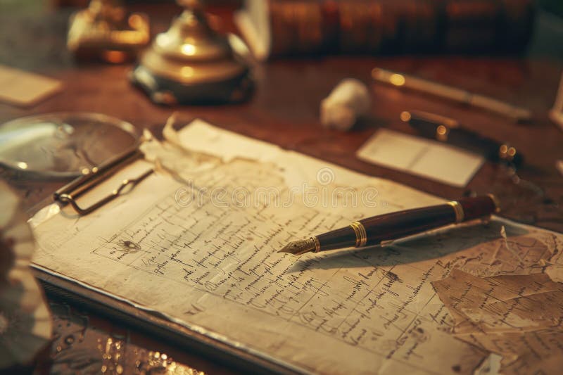 Fountain Pen Lying on Vintage Handwritten Ledger Sheet on Desk Stock ...