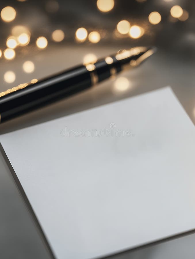 A Fountain Pen Resting on a Blank White Square Paper with Blurred ...
