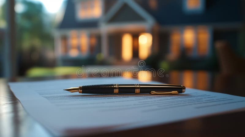 A Fountain Pen Resting on a Contract with a Blurred House in the ...