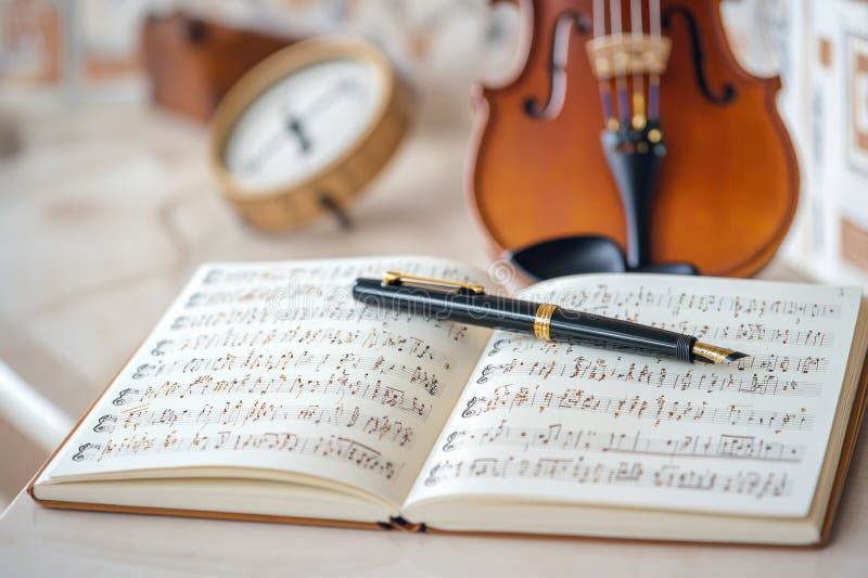 Fountain Pen Resting on Music Notebook with Violin and Clock in ...