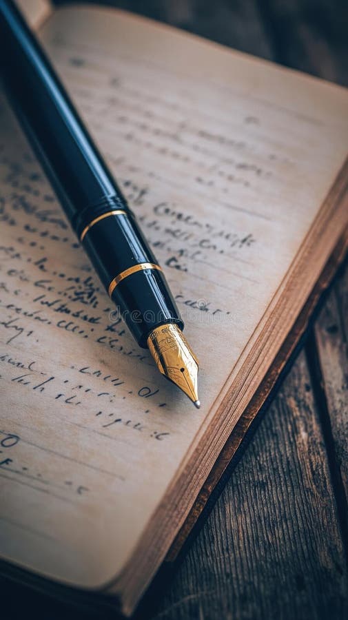 Fountain Pen Rests on an Open Book with Handwritten Notes and Vintage ...