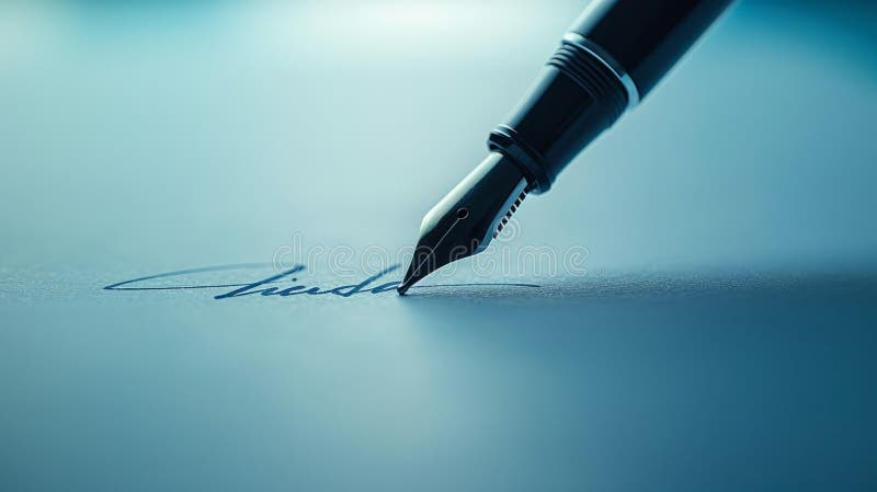 A Fountain Pen Signing a Document on Blue Paper. Stock Image - Image of ...