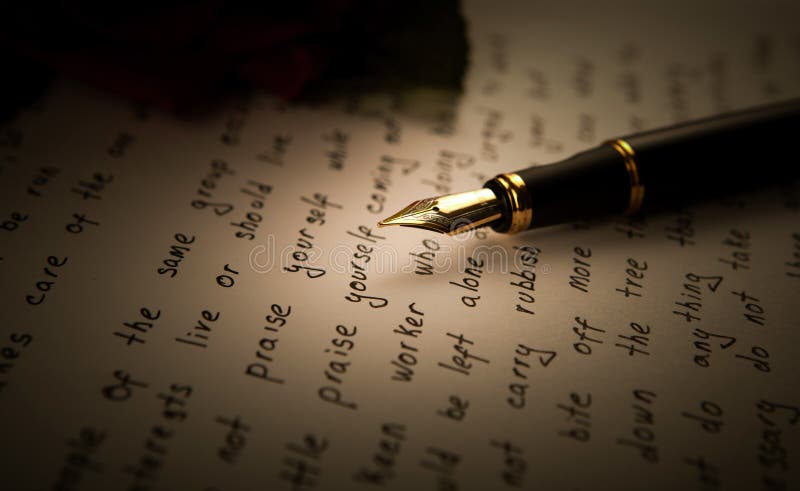 Fountain Pen on Text Sheet Paper with Rose Stock Photo - Image of text ...
