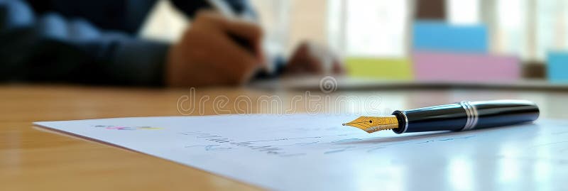 Fountain Pen Writing on Paper in Creative Workspace with Colorful ...