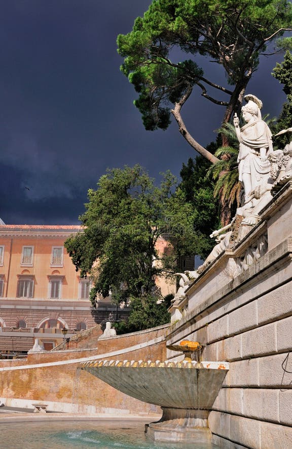 Fountain on Piazza Del Popolo Stock Photo - Image of stream, trees ...