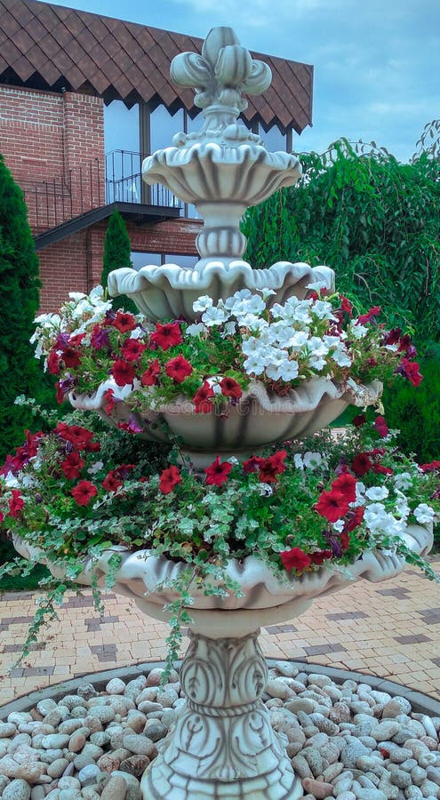Fountain of Red and White Flowers on the Background of a Building and ...