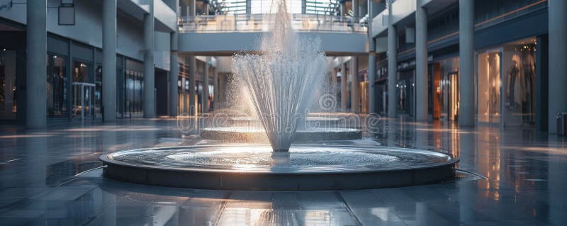 Fountain in a Spacious, Empty Shopping Mall with Reflective Flooring ...