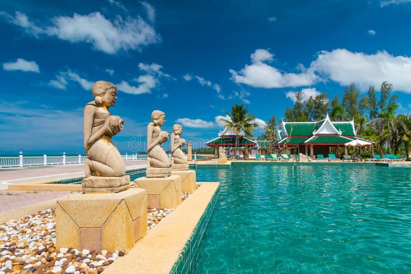Fountain Statues at the Tropical Swimming Pool Stock Photo - Image of ...