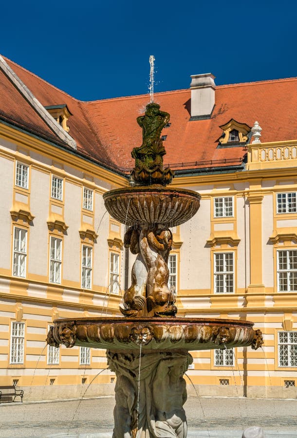 Fountain at Stift Melk, a Benedictine Abbey in the Town of Melk in ... Fountain at Stift Melk, a Benedictine Abbey in the Town of Melk in ...