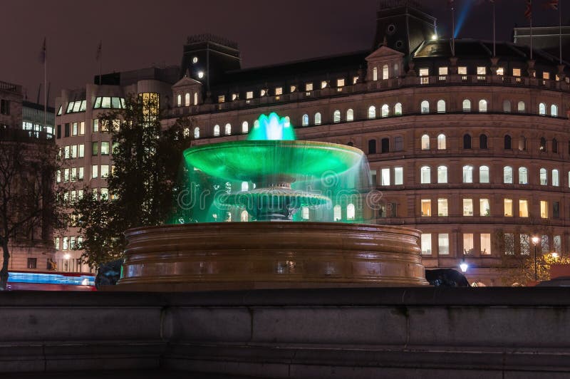 Fountain on Trafalgar Square at Night Editorial Photo - Image of green ...