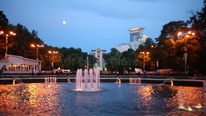 Fountain View with People Under Full Moon Night in Stock Footage ...